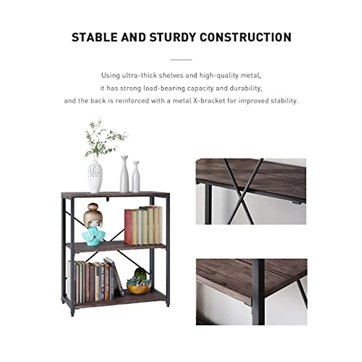 Bookshelf,3-Tier Folding Bookcase,Industrial Book Shelf,Rustic Wood Storage Shelves,Tall Bookshelf,Shelves For Bedroom,Office,Kitchen,Living Room,Study Room,No Assembly Folding Bookshelf,Black