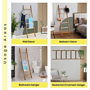 Blanket Ladders for The Living Room - 62 Inches - Decorative Ladder for Blankets, Throws, Quilts - 6 Tiers Ladder Blanket Holder with Hooks, Non-Slip Pads - Black, Grey, White, Brown (Black)