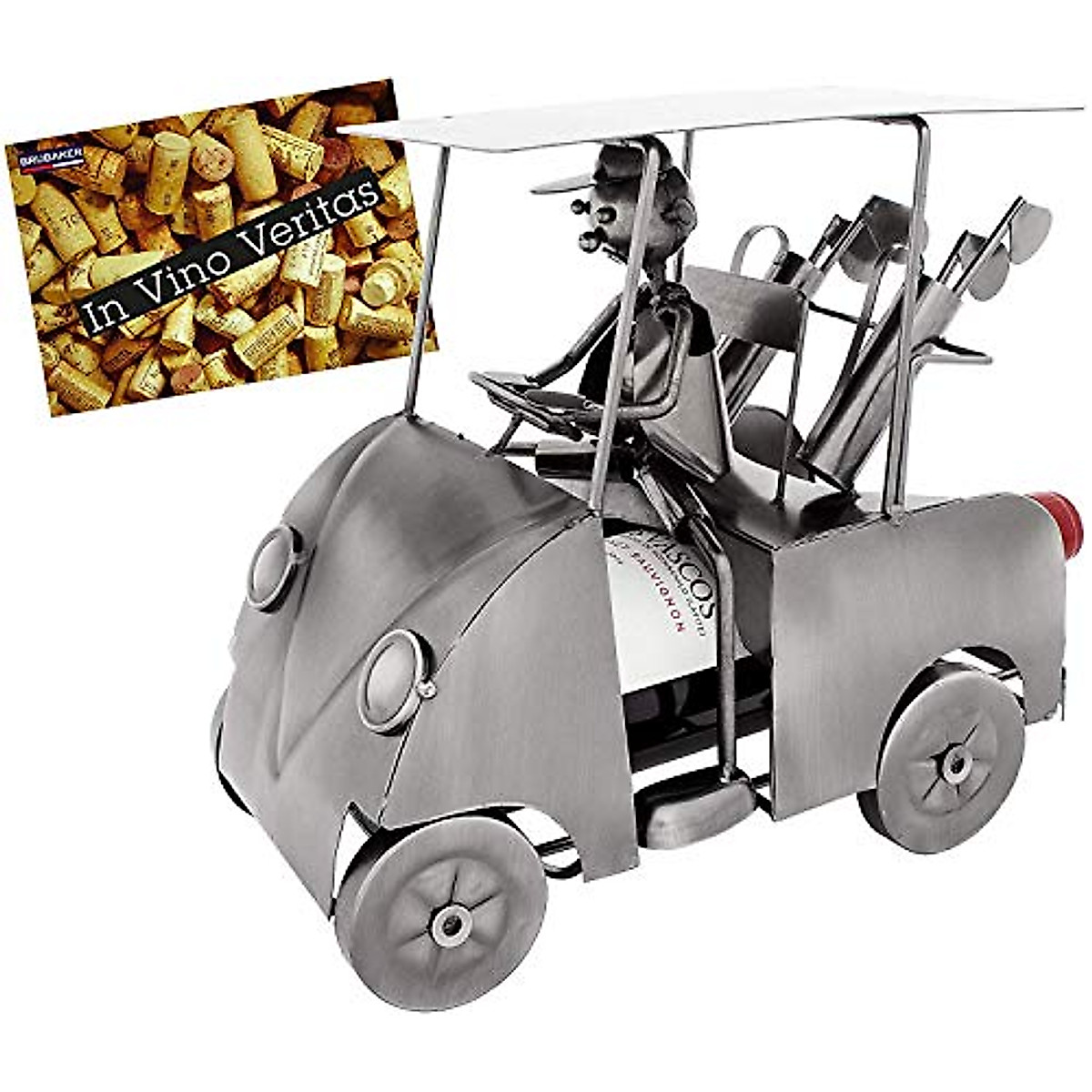 BRUBAKER Wine Bottle Holder 'Golfer in Golf Cart' - Table Top Metal Sculpture - with Greeting Card