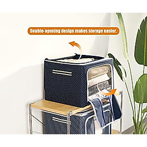 Furnhome Clothes Storage Organizer Bins Containers , Foldable Stackable Storage Bins-Oxford Cloth Steel Frame Storage Box for Clothing Storage with Foldable Clear Window & Reinforced Handles (Navy Dots, 66L, 3PCS)…