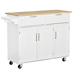 HOMCOM Mobile Kitchen Island with Storage, Kitchen Cart with Wood Top, Storage Drawers, 3-Door Cabinets, Adjustable Shelves and Towel Rack, White