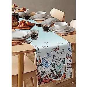 Teal Ombre Table Runner 72 Inches Long Farmhouse Dress Scarves, Red Blue Butterfly Modern Abstract Art Dining Tablerunner for Coffee Table/Kitchen Island/Party Décor, 18" x 72"