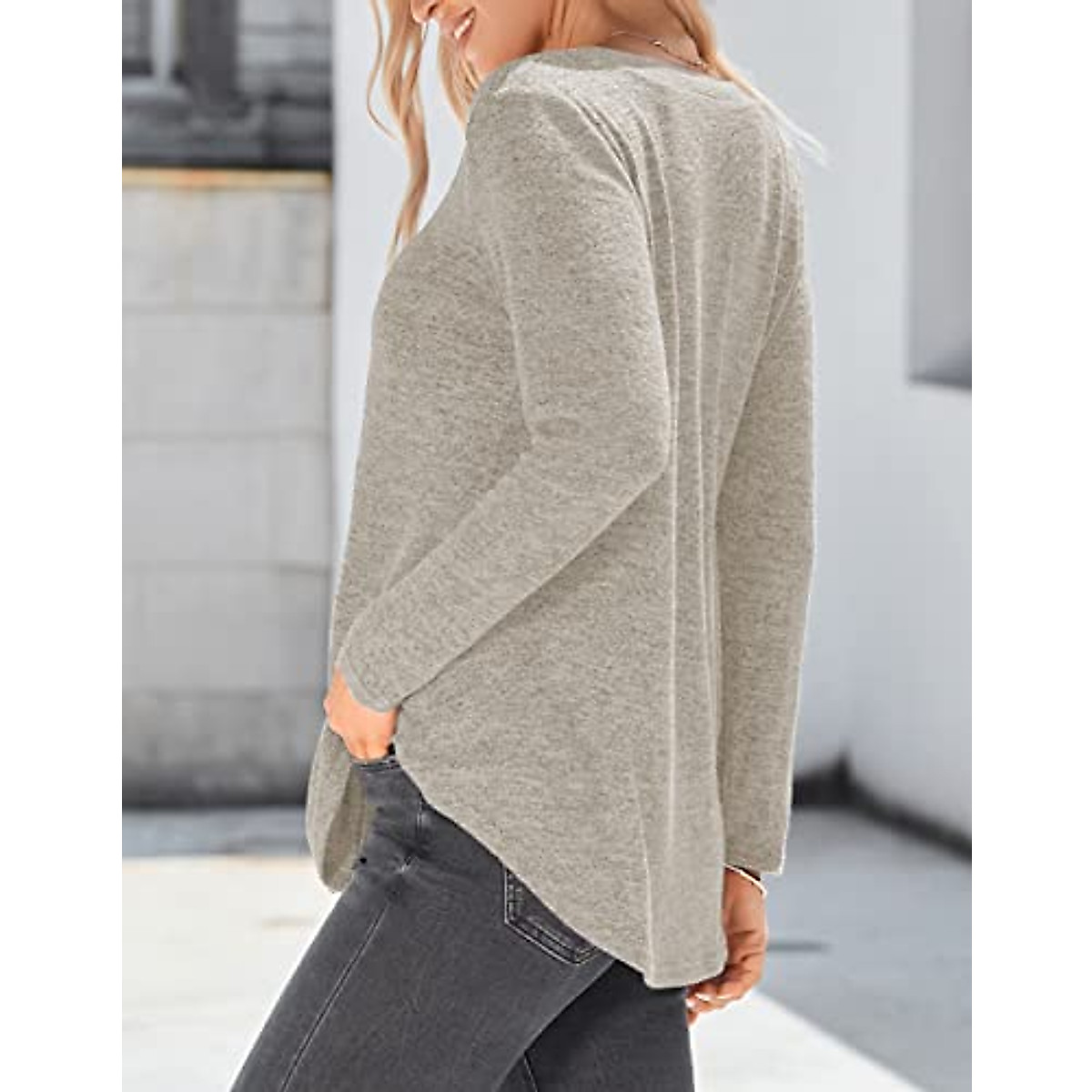 iGENJUN Long Sleeve V Neck Tunic Sweatshirts for Women T Shirts Solid Classic Loose Fit Tops 2023 Fall Fashion Trendy Outfits,Khaki,XL