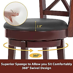 YIQIEDEY Bar Stools,Counter Bar Height Stools with X-Back,Wooden Low Back Bar Stools with 360 Degree Swivel,Kitchen Barstools with PU Leather Upholstery,Brown(39.4" H)