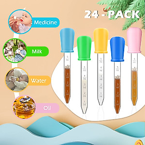 Basic Model 24 Pack Liquid Droppers for Kids Crafts, 5ml Clear Medicine Eye Dropper, Silicone and Plastic Pipettes with Bulb Tip for Candy Mold, 8 Colors