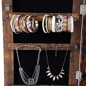 Jewelry Organizer Jewelry Cabinet Standing Jewelry Box with Full Body Mirror and Large Storage Lockable Wooden Cabinet Hung on The Door Or Wall (Antique Walnut)