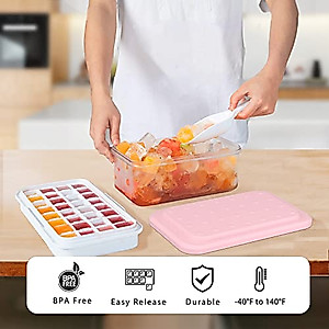 Silicone Ice Cube Tray with Lid and Bin for Freezer, 56 Nugget Ice Tray with Cover, Container, Scoop, Stackable Flexible Safe Ice Cube Trays, BPA Free (Pink)