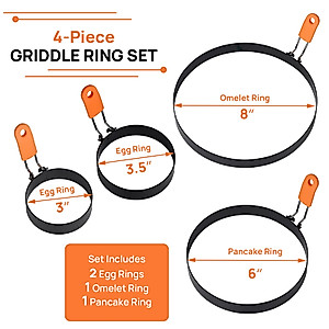 Hhyn Egg Rings for Griddle Frying Eggs Upgraded 4 Packs, Pancake Shapers with Orange Silicone Handle Non-stick Egg Molds for cooking Breakfast Omelette Sandwiches (3", 3.5", 6", 8")