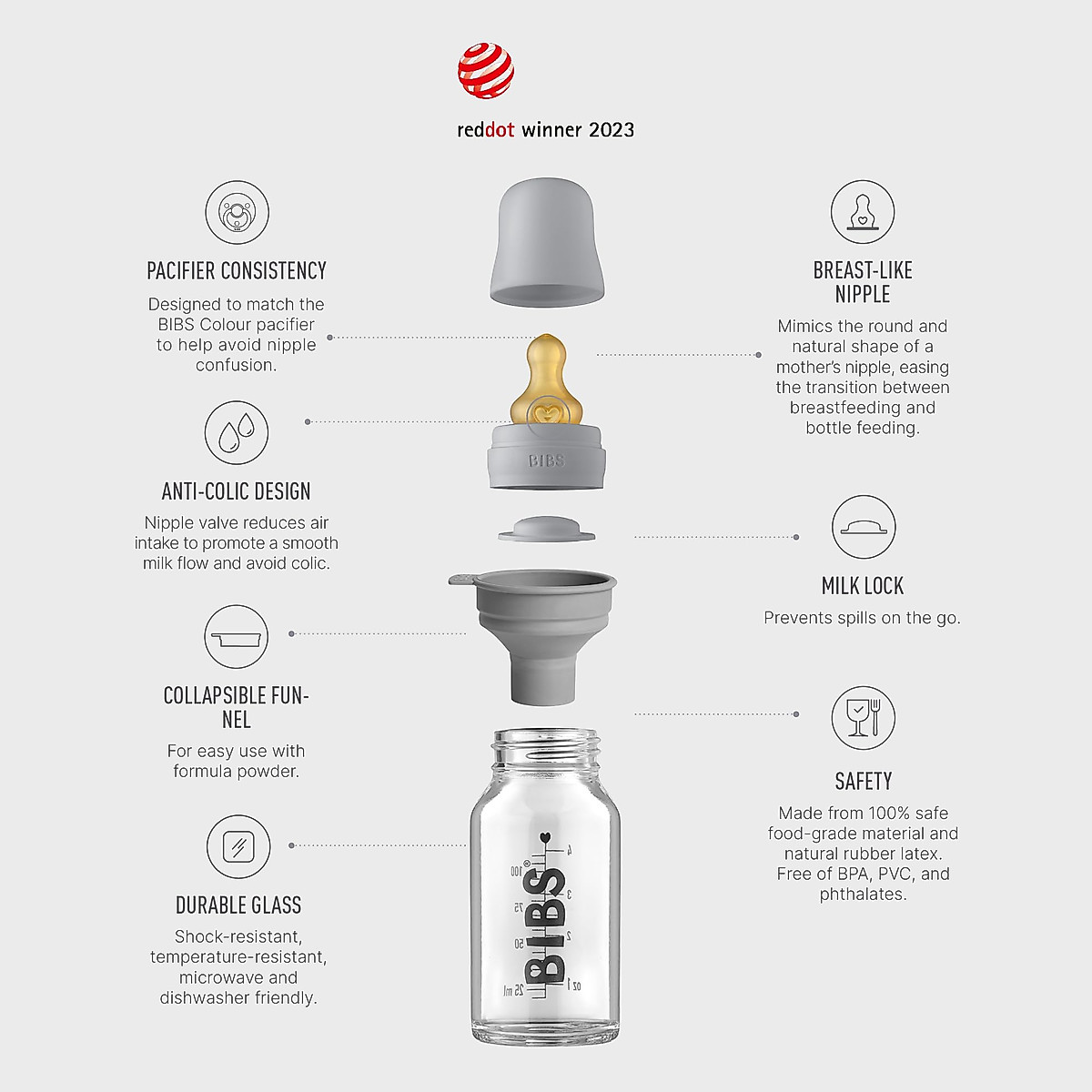 BIBS Baby Glass Bottle. Anti-Colic. Round Natural Rubber Latex Nipple. Supports Natural Breastfeeding, Complete Set - 110 ml, Cloud