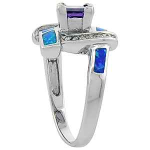 Sterling Silver Blue Synthetic Opal Princess Cut Bypass Ring for Women White & Amethyst CZ 5/8 inch size 7