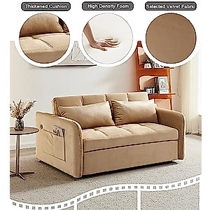 Velvet Pull Out Sleeper Sofa, Convertible Futon Sofa Bed with USB Port, Modern Pullout Couch with Pillows and Pockets, Upholstered Small Loveseat for Living Room, Guest Room (Khaki)
