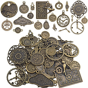 Clock Face Charm Pendant, 100 Gram Multi-style Antiqued Bronze Clocks and Watches Dial Face Movement Charms Gears Steampunk Pendant Craft Supplies for DIY Jewelry Making
