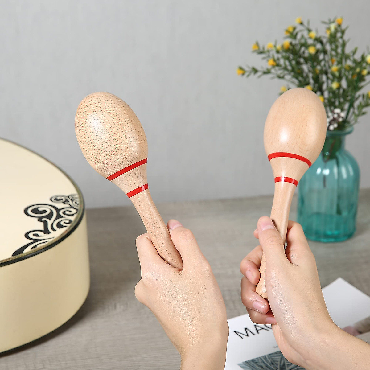 Maracas, Professional Wooden Rumba Shakers Hand Percussion Rattles Latin Musical Instrument with Clear Salsa Rhythm for Adults Kids Party Game Playing, Set of 2