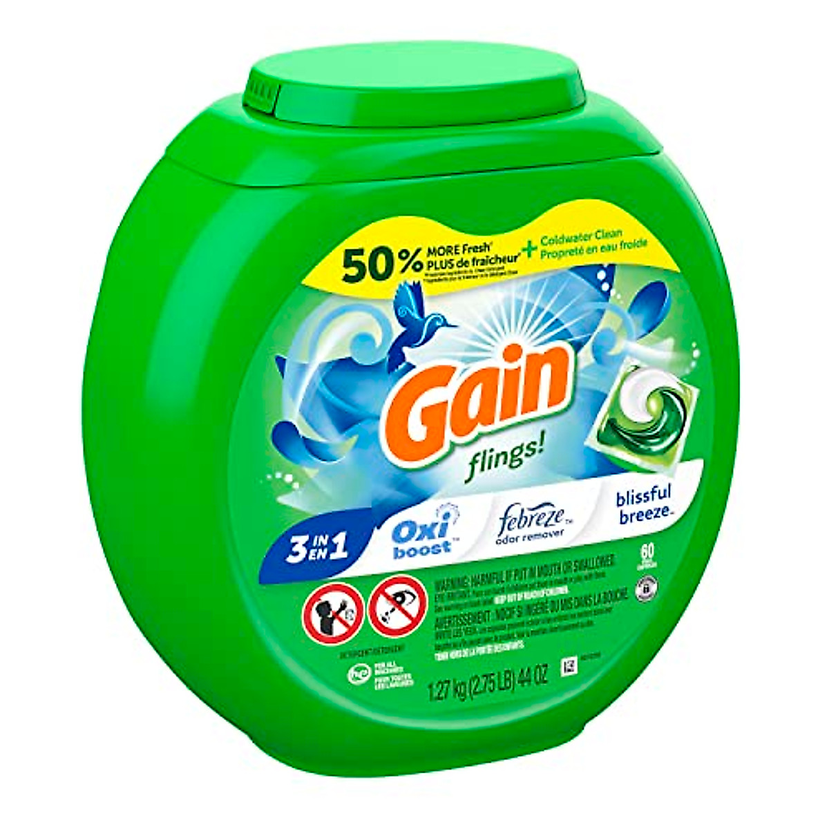 Gain flings! Laundry Detergent Soap Pacs HE Compatible 60 Count Long Lasting Scent Blissful Breeze Scent