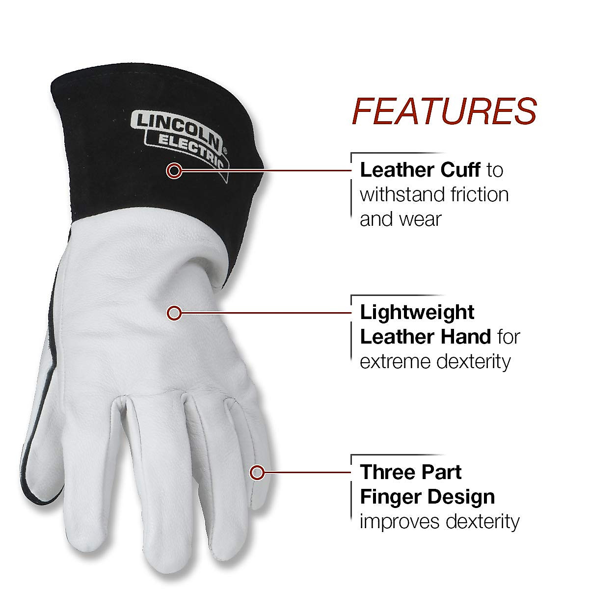 Lincoln Electric Grain Leather TIG Welding Gloves | High Dexterity | XL | K2981-XL, White/Black