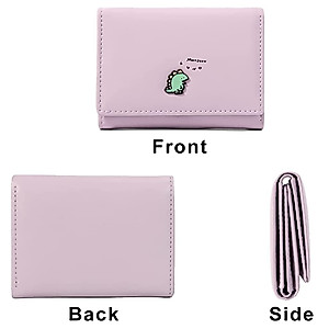 YaJaMa Cute Dinosaur Metal Badge Women Wallet PU Leather Small Slim Trifold Girls Credit Card Case Holder Organizer Purse with ID Window (Purple)