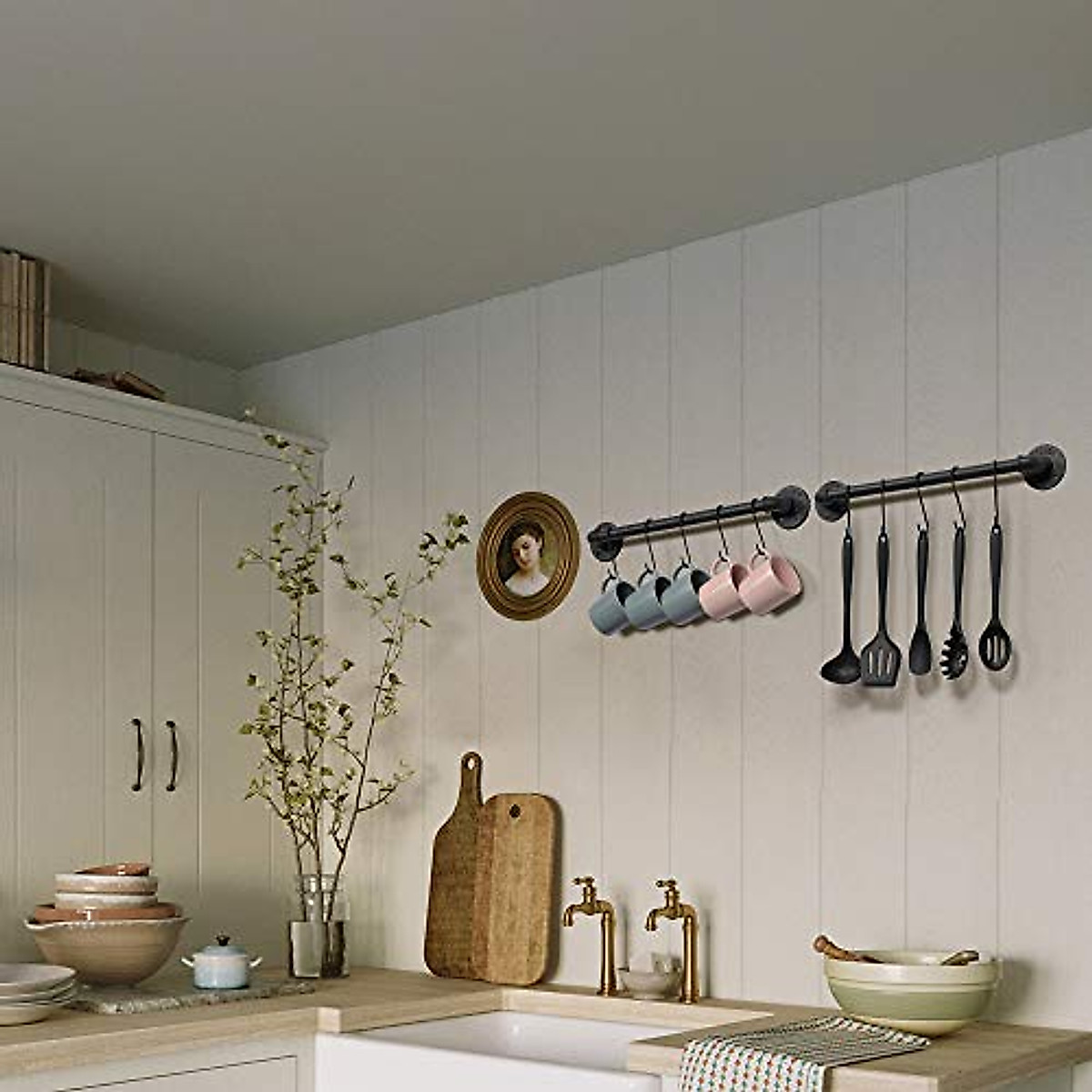 OROPY Wall Mounted Pot Pan Rack 21'' Set of 2, Industrial Utensils Wall Hanger Iron Pipe Kitchen Hanging Rail with 10 S Hooks