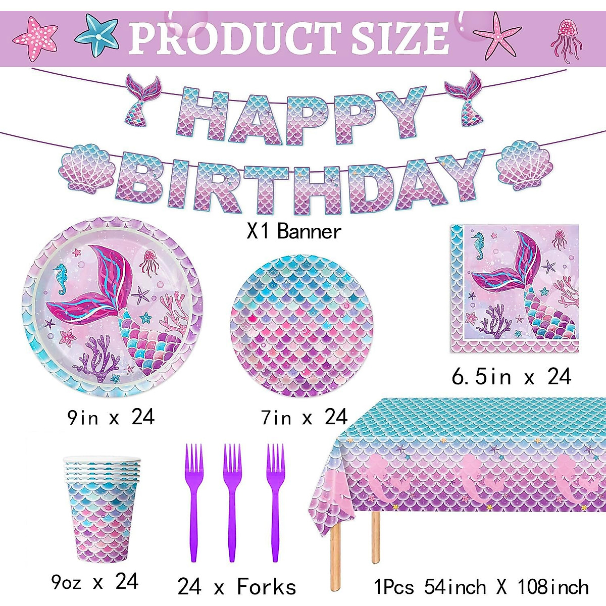 122Pcs Mermaid Birthday Party Decorations Set Mermaid Party Supplies Includes Plates, Napkin, Fork, Cup, Tablecloth, Banner for Baby Shower Ocean Birthday Party Decorations, Serves 24