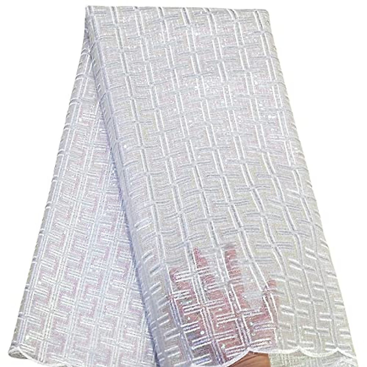 Bestway Lace White African Sequins Lace Fabric 5 Yards Nigerian Embroidered French Tulle Lace Fabric for Party Wedding(White)