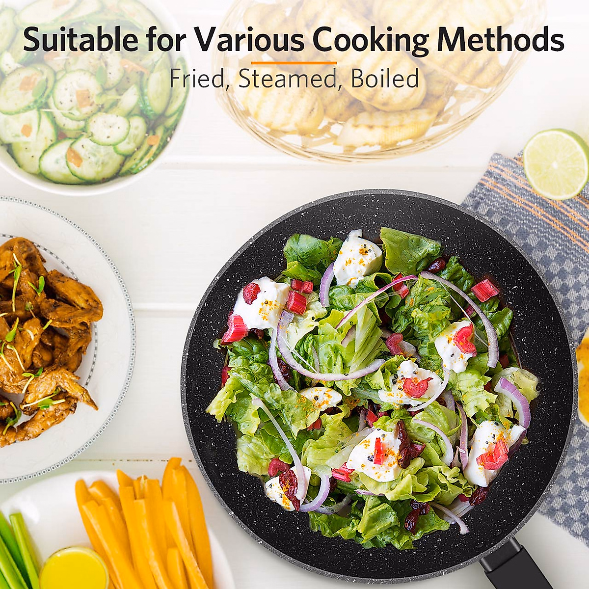 KOCH SYSTEME CS 12'' Black Wok with Lid, Ultra Non Stick Frying Pan with Glass Cover, Marble Coating Deep Frying Pan with APEO & PFOA-Free, Aluminum Stir Fry Pan, Induction Compatible