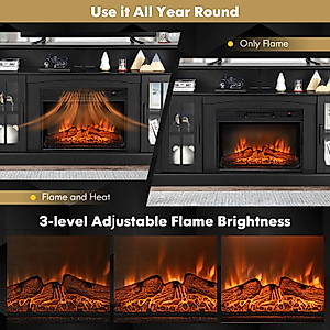 COSTWAY Electric Fireplace TV Stand for TVs Up to 65 Inches, 1400W Heater Insert with Remote Control, 6H Timer, 3-Level Flame, Overheat Protection and CSA Certification, Adjustable Shelves, Black