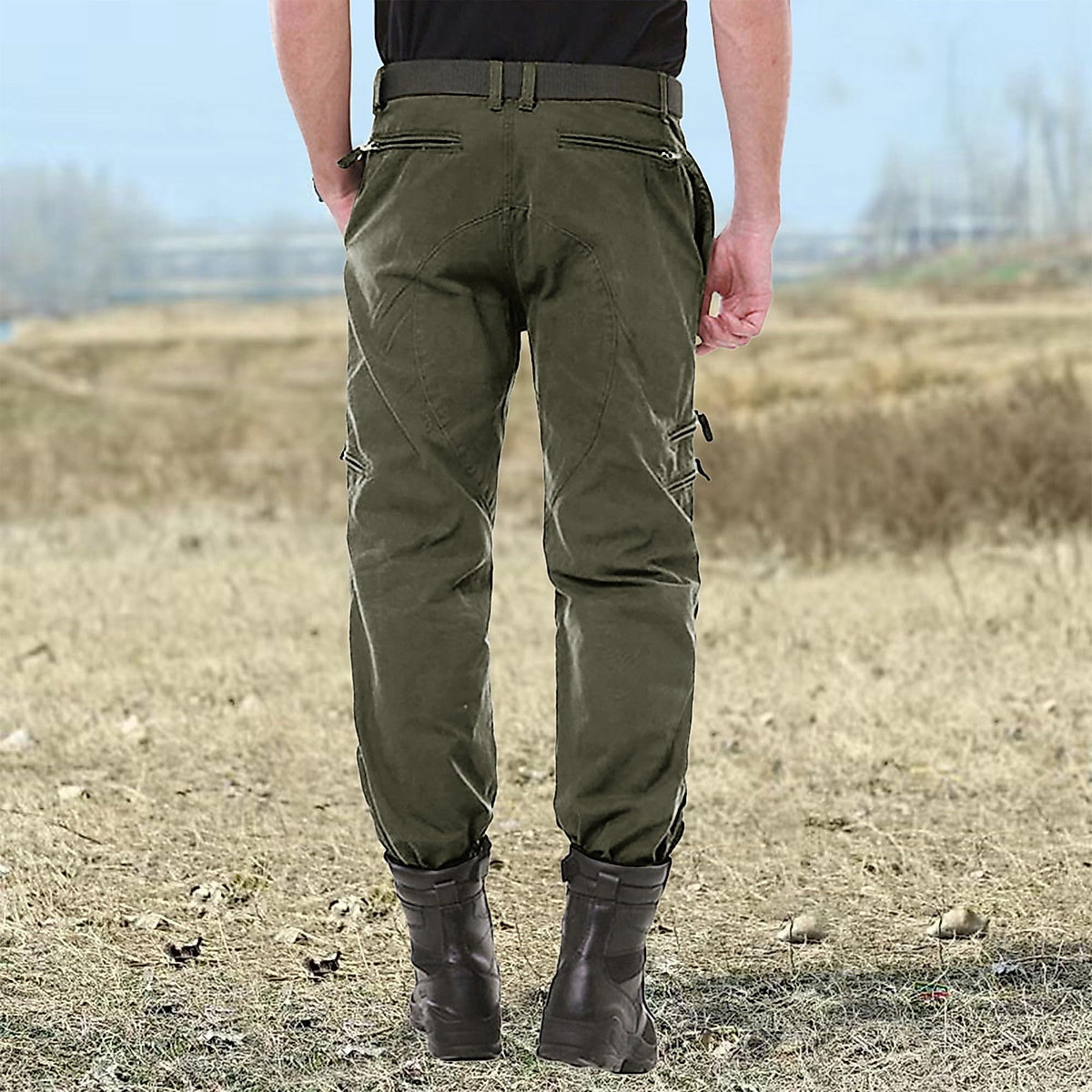 CRYSULLY Men Pants Fall Relaxed-fit Cotton Woodland Army Cargo Trousers Utility Combat Work Pants Green 34