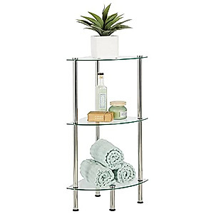 mDesign Bathroom Floor Storage Corner Tower, 3 Tier Open Glass Shelves - Compact Shelving Display Unit - Multi-Use Home Organizer for Bath, Office, Bedroom, Living Room - Clear/Chrome Metal
