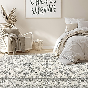 Area Rug Living Room Rugs - 8x10 Large Machine Washable Soft Farmhouse Boho Moroccan Floral Thin Rug Indoor Floor Carpet for Bedroom Under Dining Table Home Office Decor - Grey