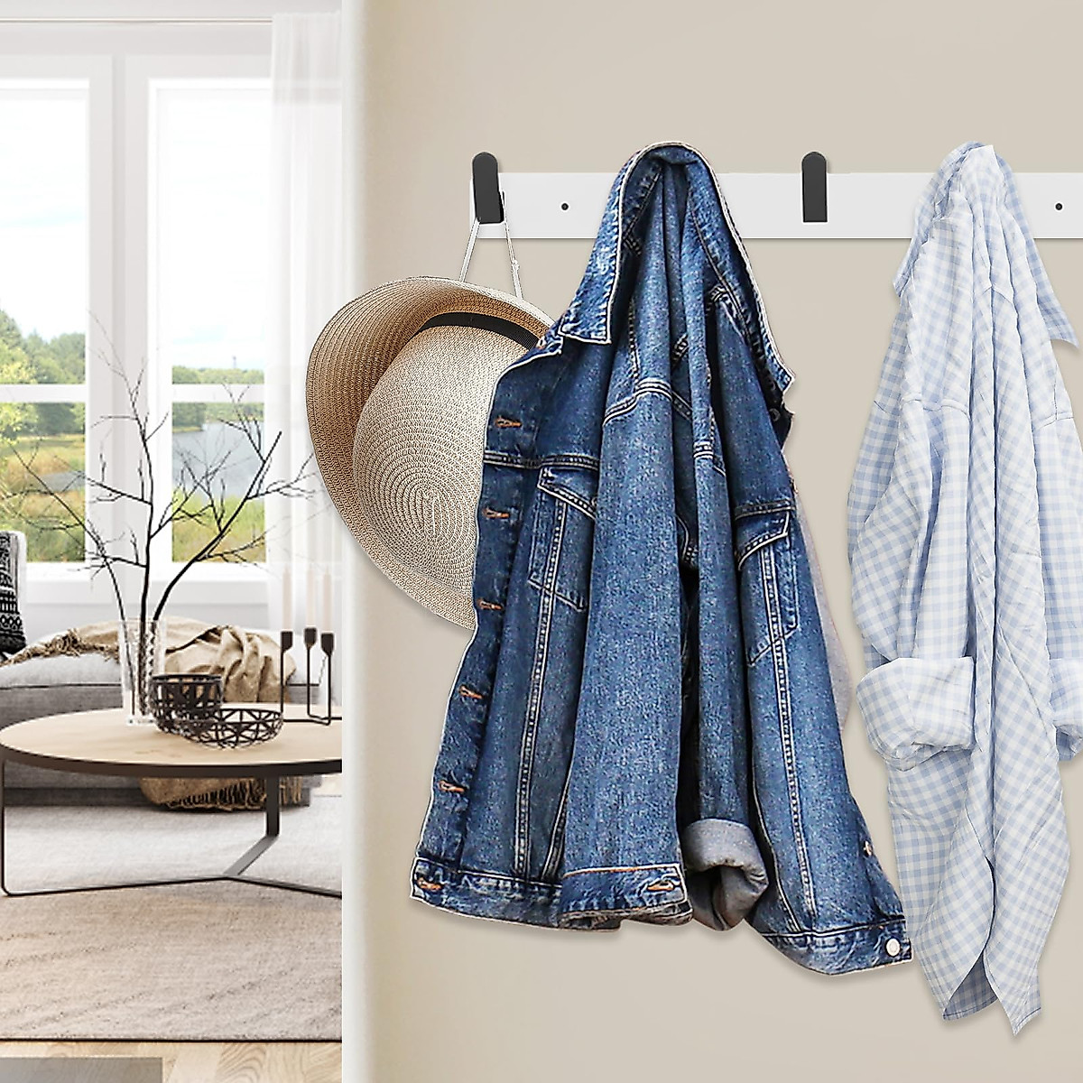 Coat Hooks Wall Mounted Coat Rack, 16.7'' Long, Entryway Hanging Coat Rack, White Wood Coat Rack with 5 Black Literary Rustic Hooks, Wooden Decorative Hooks Rail for Coat, Scarf, Bag, Towel, Hat