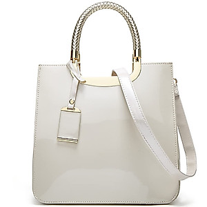 ZiMing Top Handle Handbags for Women Shiny Patent Leather Purses Square Satchel Stylish Zipper Evening Bags Shoulder Crossbody Bag-White
