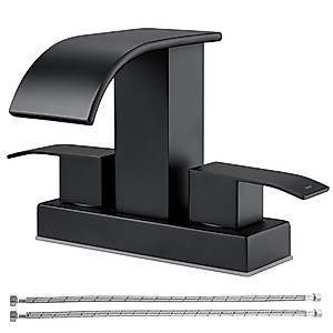 TIORIY Matte Black 2-Handle Bathroom Faucet - 4 Inch Centerset Sink Faucet, 3 Hole Widespread Waterfall Bathroom Sink Faucet, Lavatory Vanity Faucet with Supply, Stainless Steel Washbasin Faucet