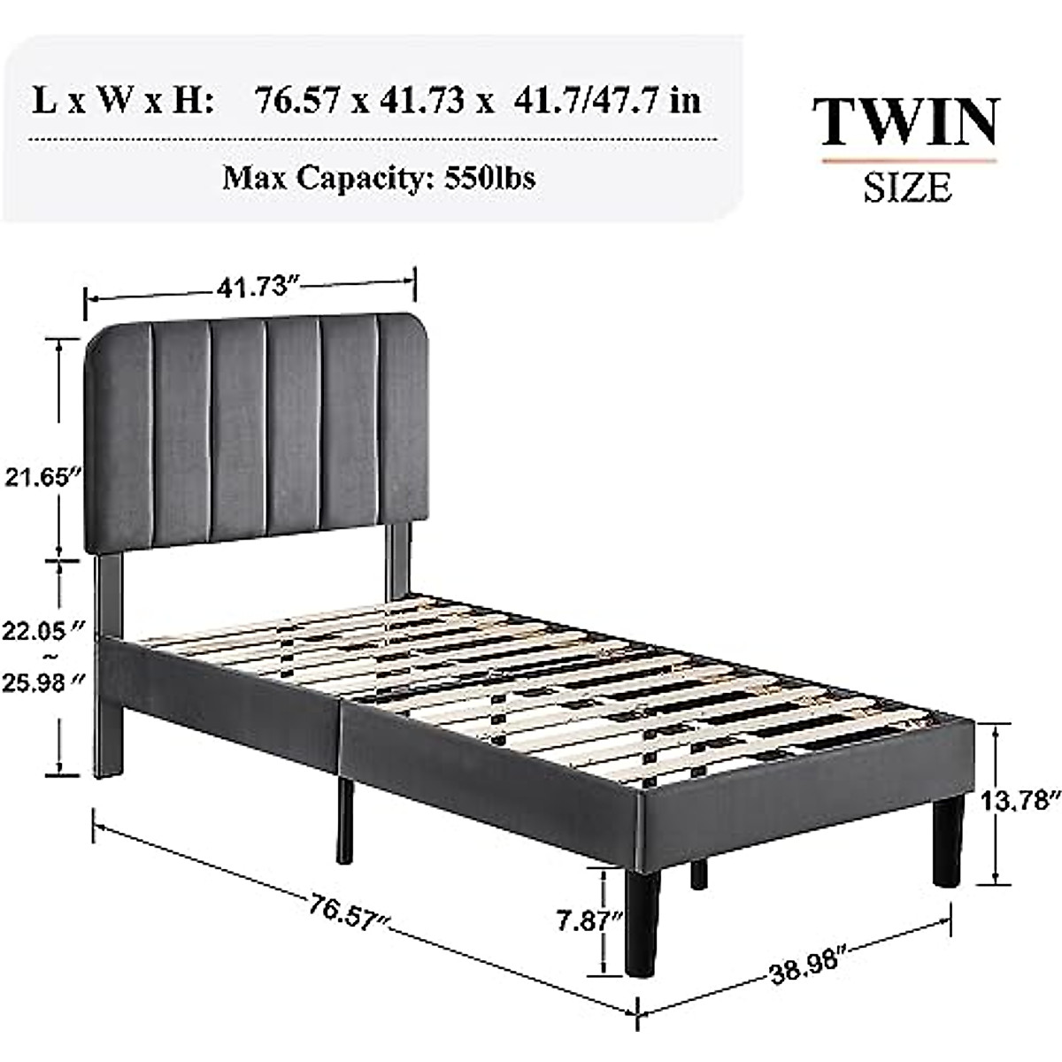 VECELO Twin Size Upholstered Bed Frame with Adjustable Headboard, Velvet Platform Bedframe Mattress Foundation, Strong Wood Slat Support, No Box Spring Needed,Dark Grey
