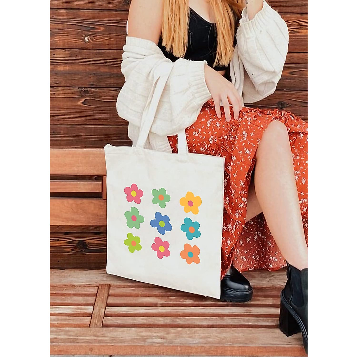 Haukea Canvas Tote Bag for Women Aesthetic Cute Flower Tote Bags Book Tote Beach Bags Reusable Grocery Bags