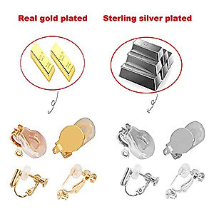Golden Clip on Earring converters with Silicon Earring Pads, 16pcs Hypoallergenic Round Flat Back Tray Earring Clips Easy Open Loop DIY Earring Making for Women Men Girls Non-Pierced Ears