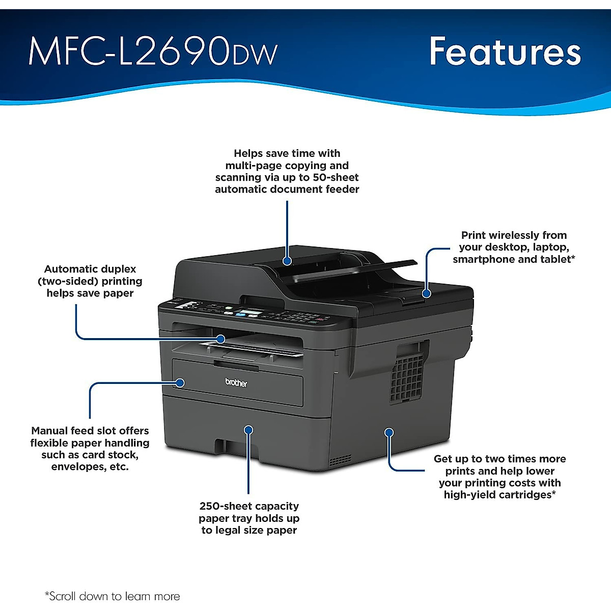 Brother MFC-L26 Series All-in-One Laser Printer, Automatic Duplex Printing, 250 Sheets, Wireless, Mobile Printing, Duplex, with MTC Printer Cable