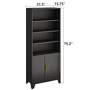 AUEYTVR Bookshelf with Doors, 75" Metal Tall Bookcase with Doors and 3 Tier Adjustable Shelves, Display Cabinet for Living Room, Bedroom, Office (Black)