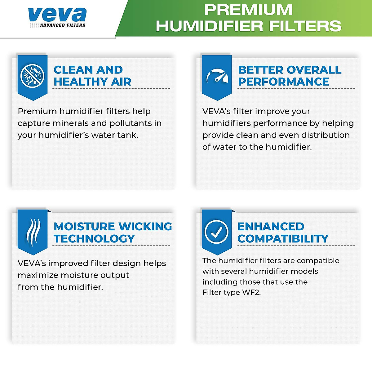 VEVA 6 Pack Premium Humidifier Filters Replacement for Protec, Vicks, Kaz Filter WF2 and V3500, V3100 & 3020 Cool Mist Humidifiers