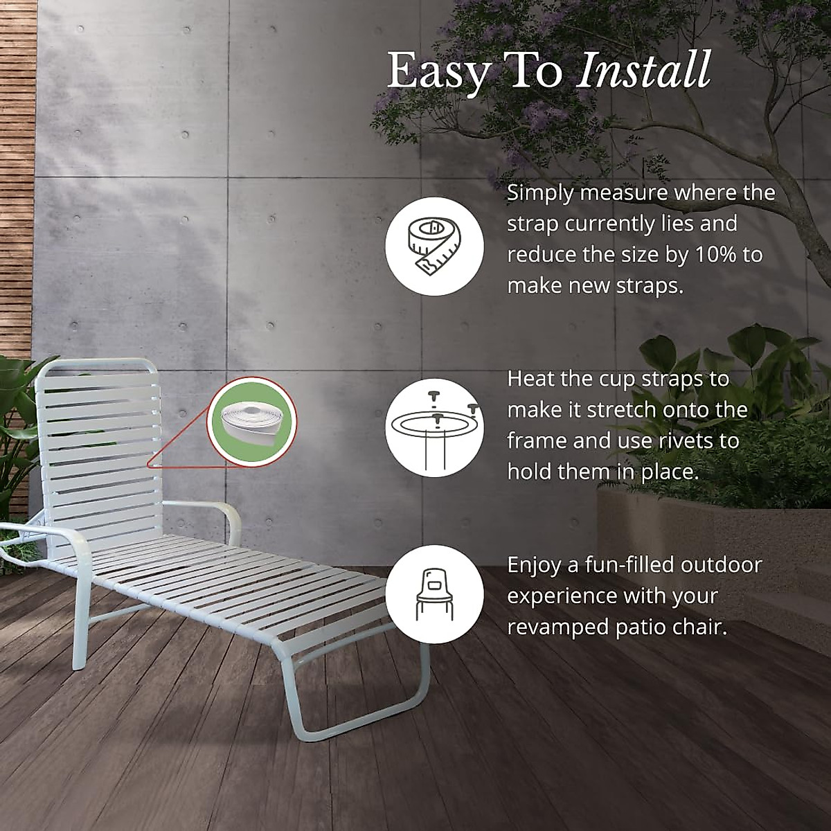 2" Wide x 200' Roll Vinyl Strap for Patio Chairs, Lawn Furniture, and Deck Chairs, Make Your Own Replacement Straps, (201 White)