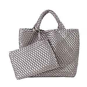 Woven Tote Bag, Women Macaron Soft Leather Weave Handbag Purse Wrist Bag Large Capacity Work Shopping Travel Daily (Silver)