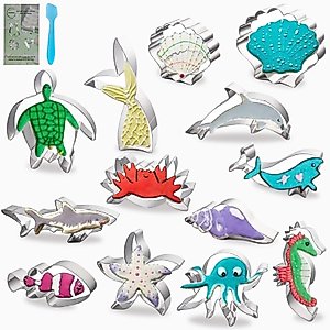 TINGSING Cookie Cutters 13-Piece Under The Sea Cookie Cutter Set with Recipe Booklet, Shark, Whale, Fish, Mermaid Tail, Sea Turtle