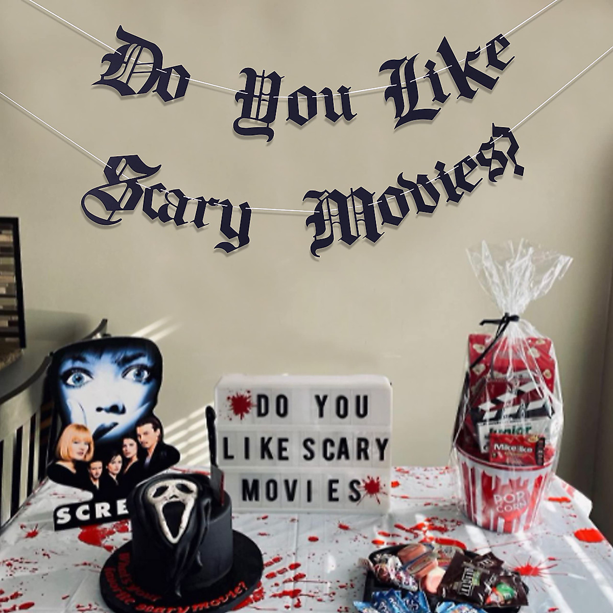 Do You Like Scary Movies? Old English Goth Banner, Gothic Blackletter Garland, Horror Movie Night Decoration, Scream Party (Do You Like Scary Movies)
