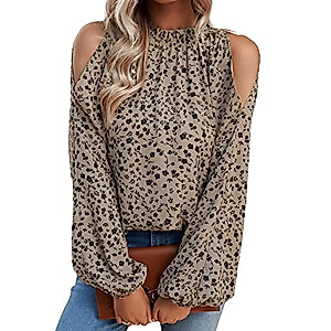 Verdusa Women's Cold Shoulder Bishop Sleeve Floral Print Blouse Shirt Top Khaki L
