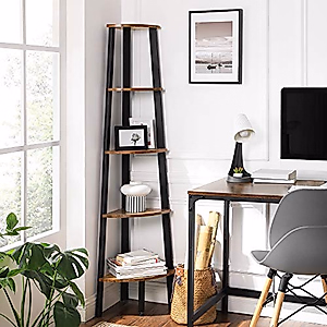 VASAGLE Industrial Bookcase, 5-Tier Corner Shelf, Rustic Brown & Ladder Shelf, 22.1" L x 13.3" W x 67.7" H, Rustic Brown