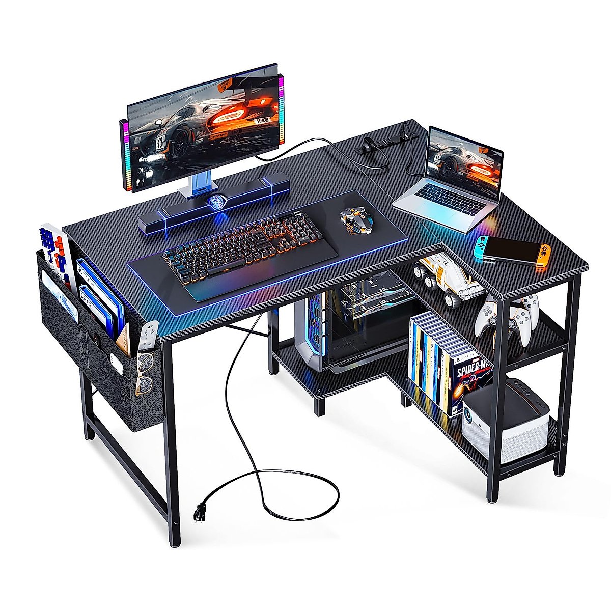 ODK 40 Inch Small L Shaped Gaming Computer Desk with Power Outlets, Corner Desk with Reversible Storage Shelves & PC Stand for Small Space, Modern Simple Home Office Table, Carbon Fiber Surface, Black
