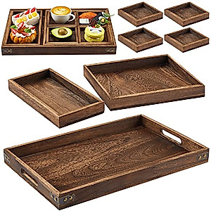 2 Set of 14 Pcs Wooden Serving Trays with Handle Rectangular Nesting Multipurpose Trays Decorative Rustic Ottoman Tray Coffee Table Tray Sofa Couch Tray Wood Serving Platters for Breakfast in Bed