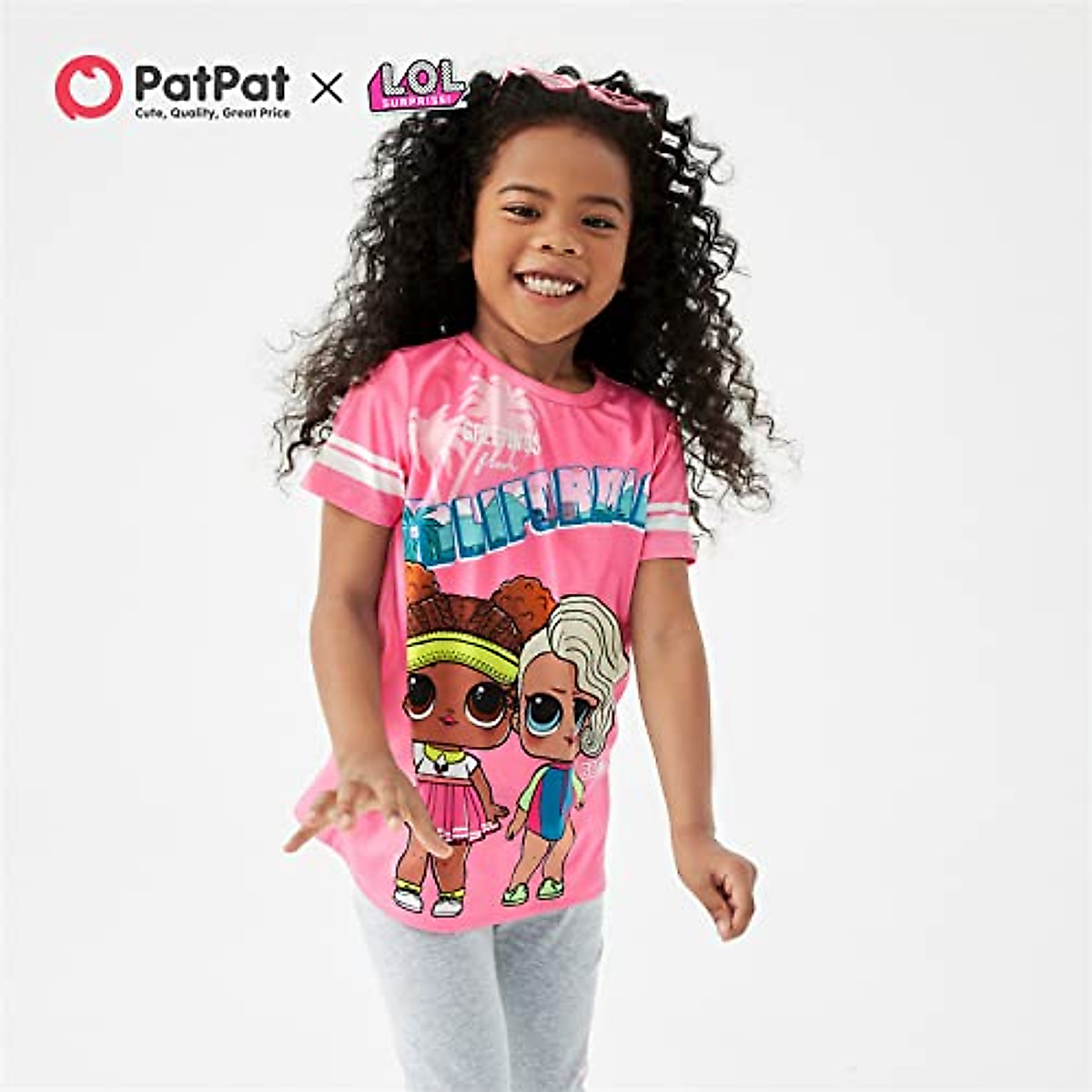 L.O.L. Surprise! 2pcs Kid Girl Clothes Letter Print Striped Short Sleeve Pink Tee Top and Pants Set Dark Pink 5-6 Years