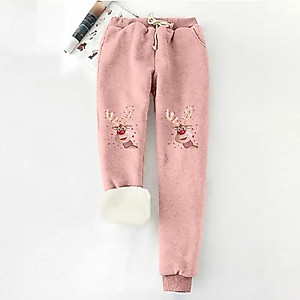Womens Wide Leg Pants,Buffalo Plaid Print Sweatpants Women Baggy Xmas Print Drawstring Workout Active Joggers Reindeer Print Casual Straight Leg Running Sweatpants Pink XL