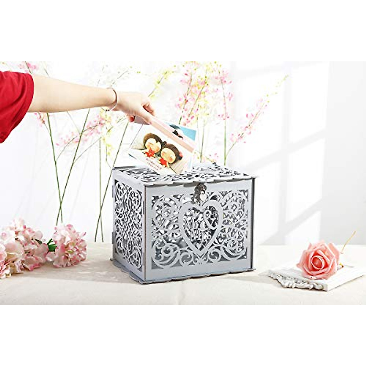 Mimacoo Wedding Money Box Holder with Sign, Large Rustic Wood Wooden DIY Envelop Gift Card Shadow Boxes with Lock Slot for Reception Anniversary (Silver)