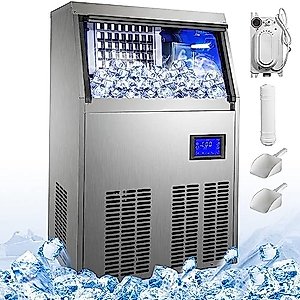 Commercial Ice Maker Machine with 33LB Bin, Electric Water Drain Pump, Water Filter, Scoops, Connection Hose - Makes 90-100LBS/24H - Stainless Steel Under Counter Ice Machine for Home Bar
