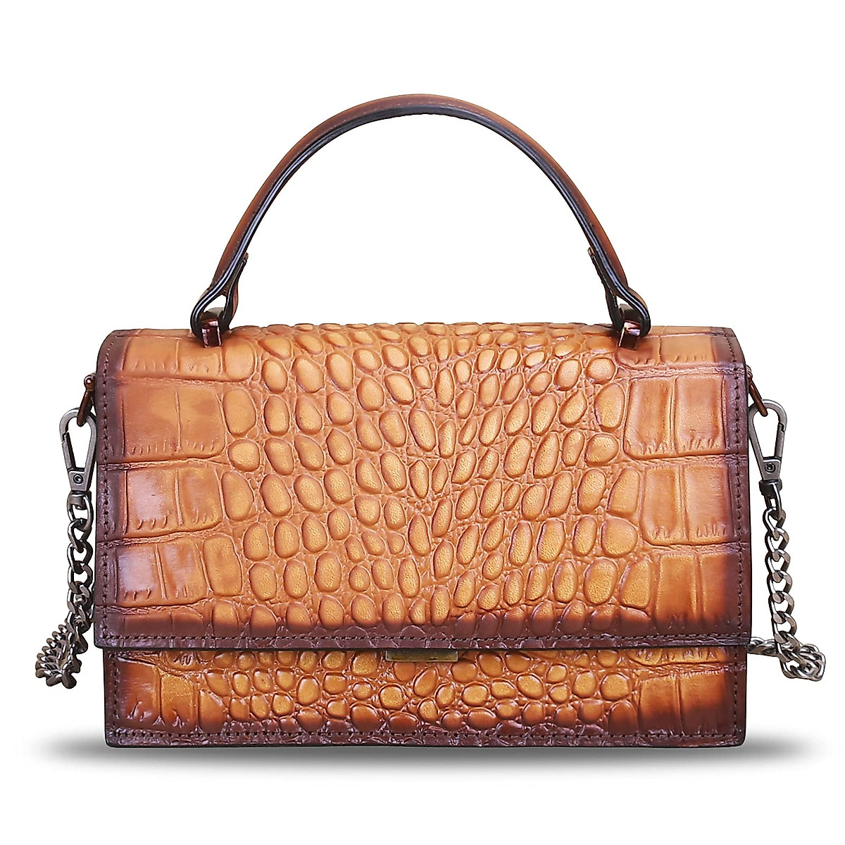 Genuine Leather Handbags for Women Retro Handmade Small Satchel Purse Luxury Top Handle Real Leather Embossed Design Crossbody Bag (Brown)